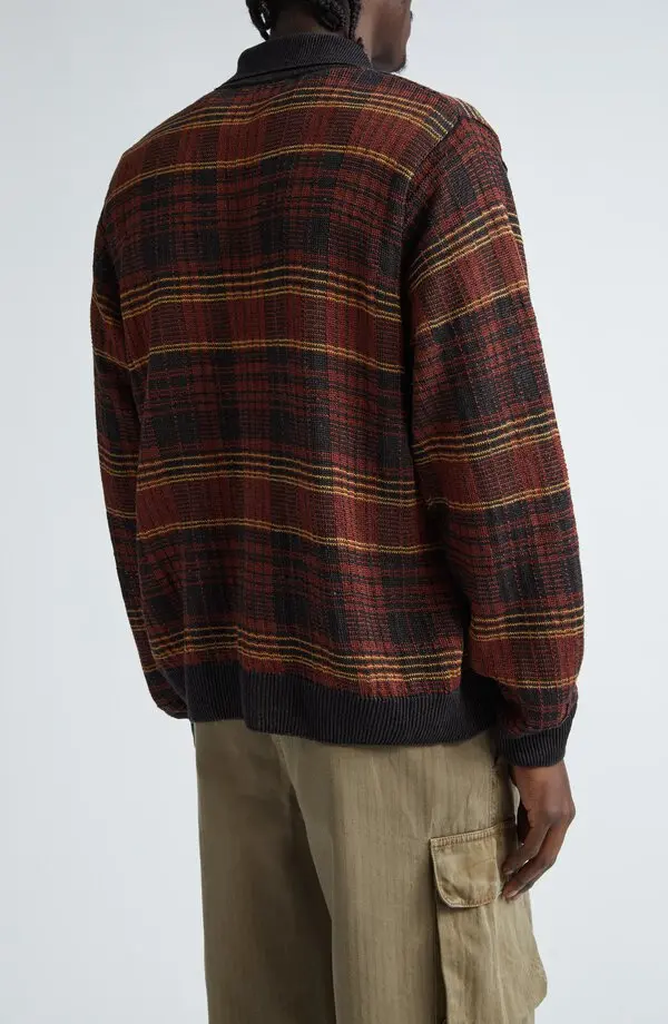Our Legacy Evening Polo Intarsia Check Hemp Cardigan In Rust